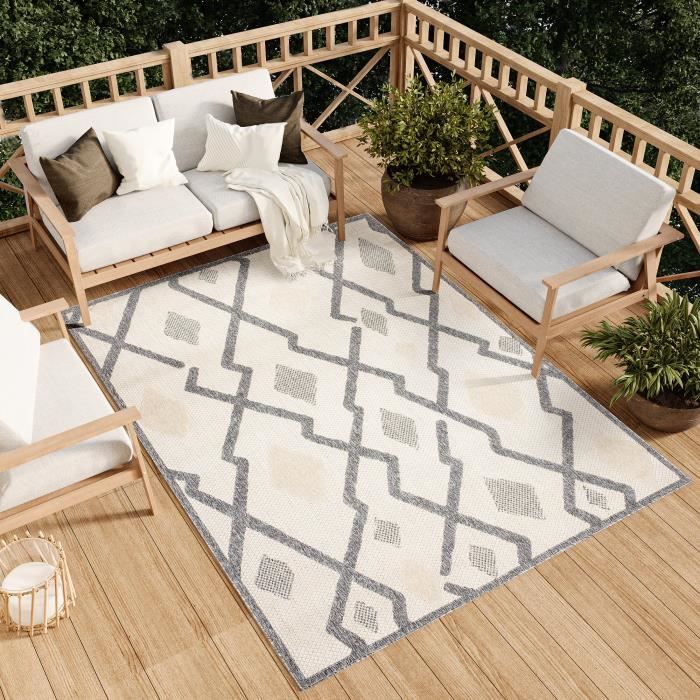 TAPISO Tapis Extérieur Intérieur Poil Court VIERA Beige Gris Losanges ...