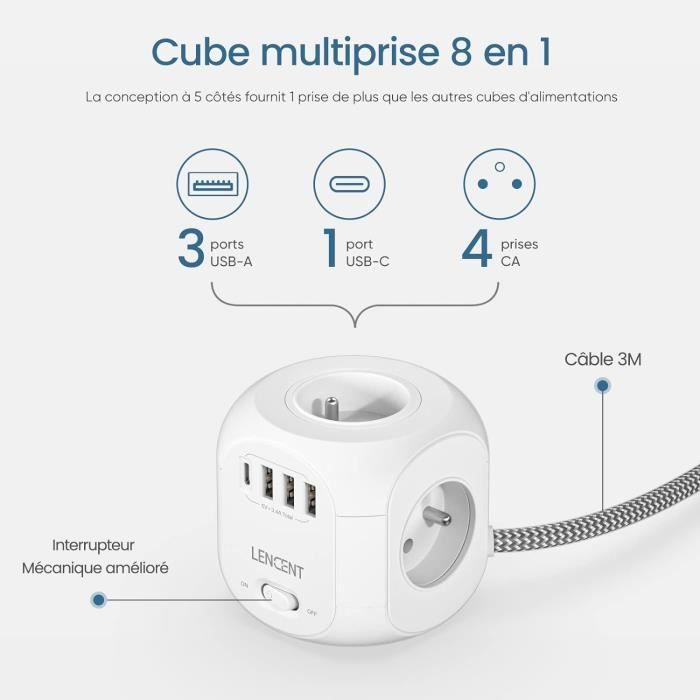 Cube rallonge multiprise 3M avec 4 Prises AC, 3 USB et 1 Type C ...