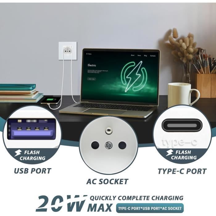 Prise Murale Avec Usb C Pd20W Blanc,Prise De Courant À Encastrer,16A ...