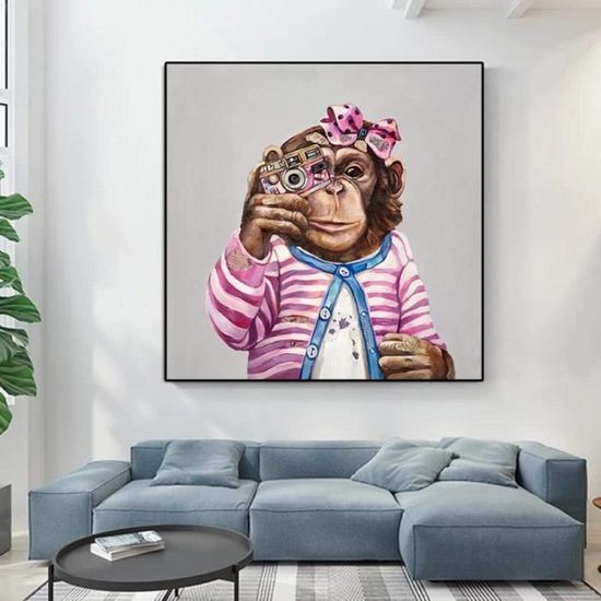 Imprimé Sur Toile Art Mural Singe Avec Caméra Peinture À L'Huile ...
