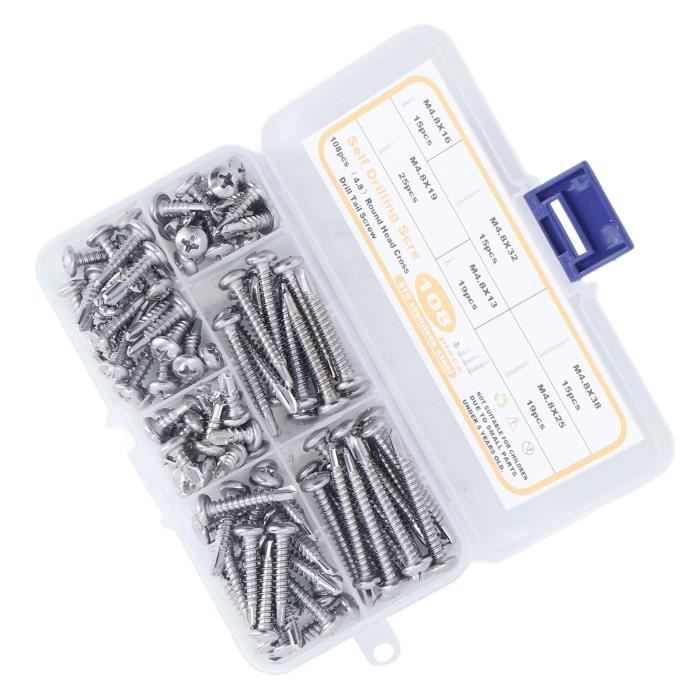 HURRISE Vis à tête ronde Assortiment de 108 vis autoperceuses M4.8 à tête ronde en acier ...