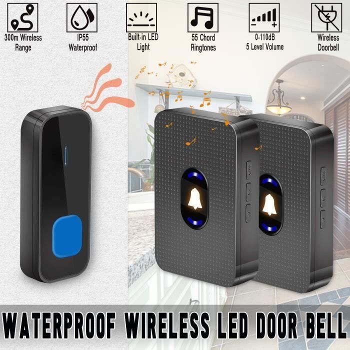 Sonnette de Porte LED Sans Fil 2 Récepteurs Carillon 55 Sonneries 300 ...