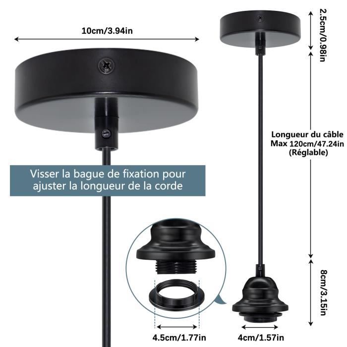 Kit Suspension Luminaire,2Pcs Luminaire Suspendu Noir,E27 Suspendues Accessoires Avec 120Cm ...
