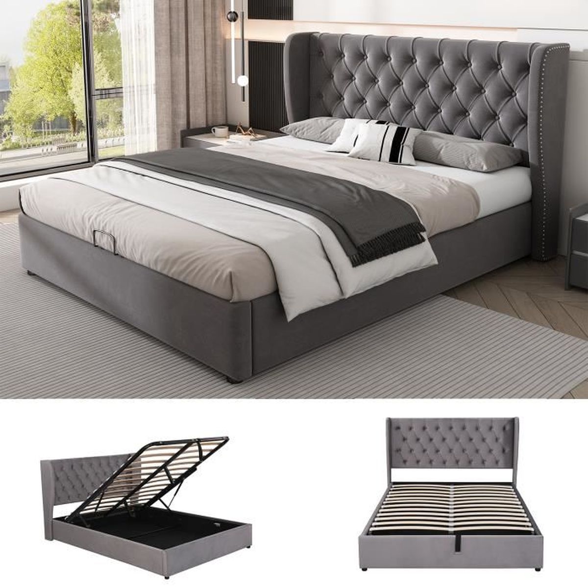 Lit capitonné grand tête de lit, Lit coffre adulte contemporain ...