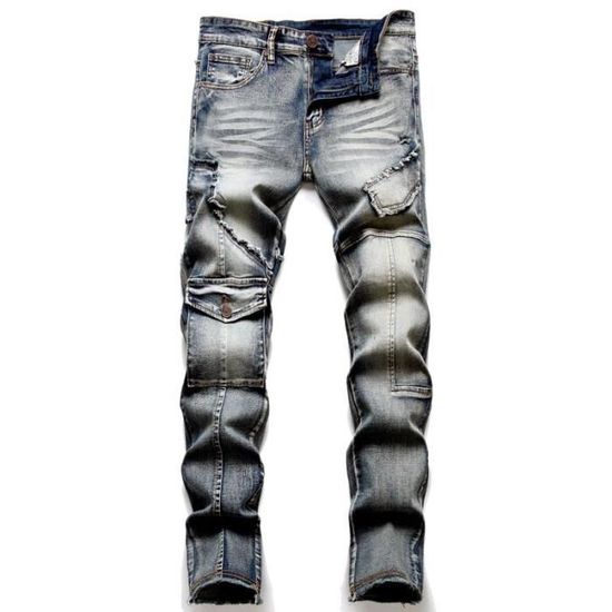 Jean Vintage Slim Homme Effet Délavé Patch Stretch Taille Moyenne Bleu ...