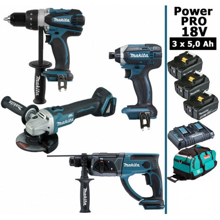 Pack Makita Power PRO 18V 4 outils: DDF458 + DHR202 + DGA504 + DTD152 ...