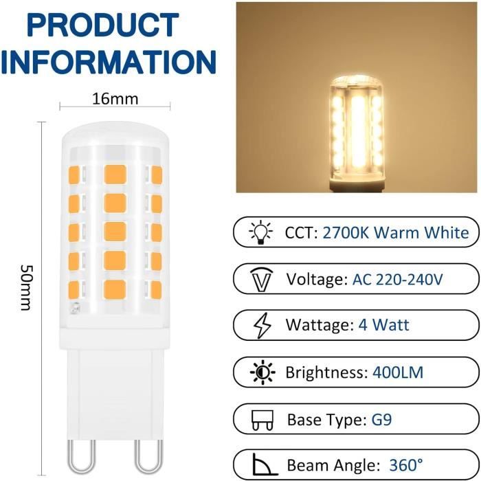 Ampoule G9 Led 4W Blanc Chaud 2700K, 400Lm, Équivalent Halogène G9 40W 33W, 360 Degrés, Ac 230V ...