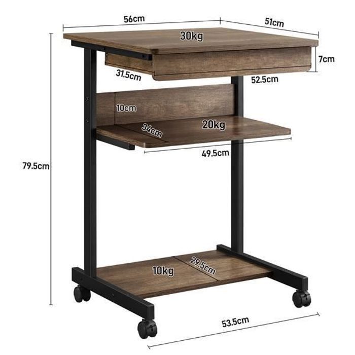 Table Informatique Bureau d'Ordinateur Roulant Poste de Travail 56 x 51 ...