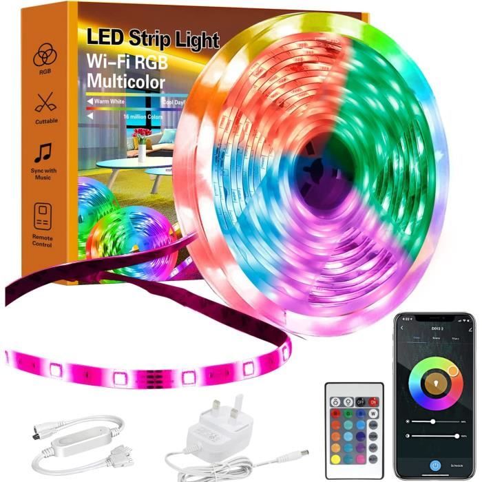 Bande lumineuse LED RVB à changement de couleur - 5 m - Avec télécommande et boîte de commande ...