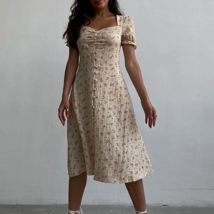 ROBE Robe dames floral imprimé carré col carré printemps été vintage ...