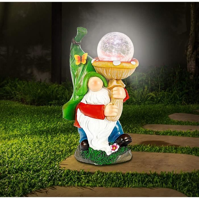 AJW-Statuette de nain de jardin figurine en résine avec LED solaires magiques extérieur automne ...