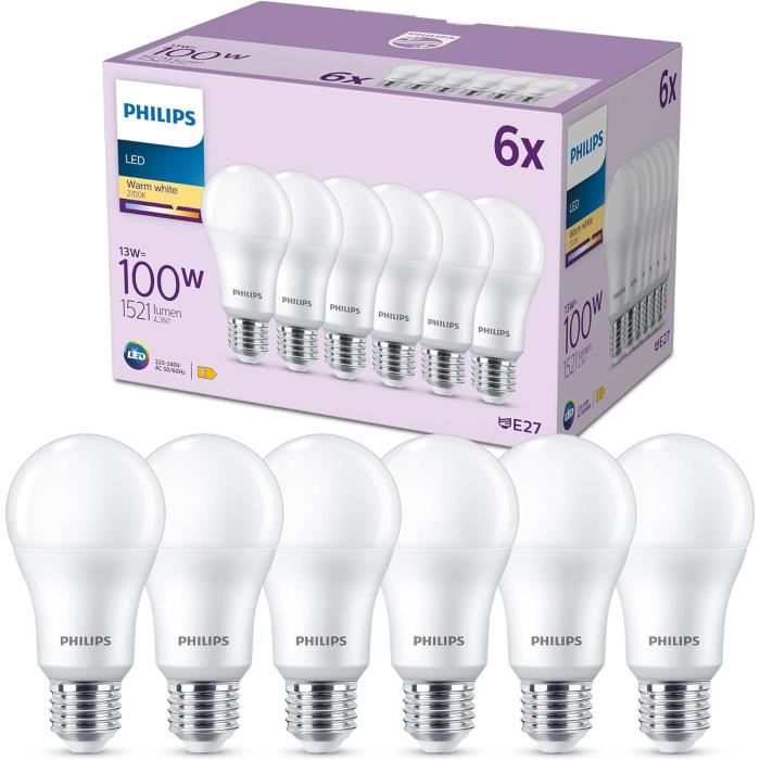 Philips Pack De 6 Ampoules Led E27, 100W, Blanc Chaud[n612] - Cdiscount Maison