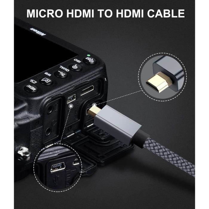 Câble Micro HDMI vers HDMI 2M, 4K 60Hz Cordon Micro HDMI Type D Mâle ...