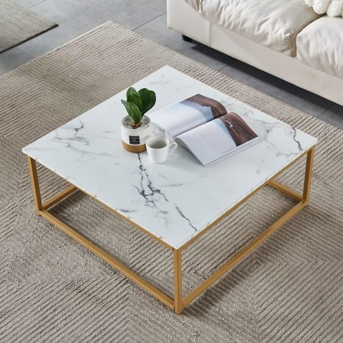 Table Basse de Salon Carré Effet Marbré Structure en métal, Style Rétro ...