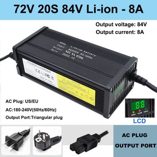 72V 20S Li-ion 8A-Chargeur lithium ion intelligent haute puissance avec écran, coque en métal ...