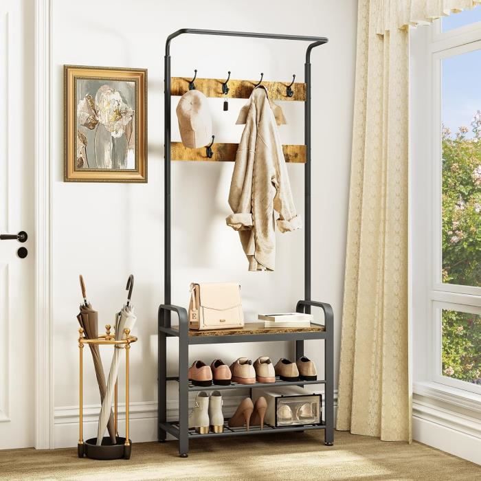 Porte-manteau avec rangement pour chaussures, arbre d'entrée industriel avec 7 crochets étagère ...