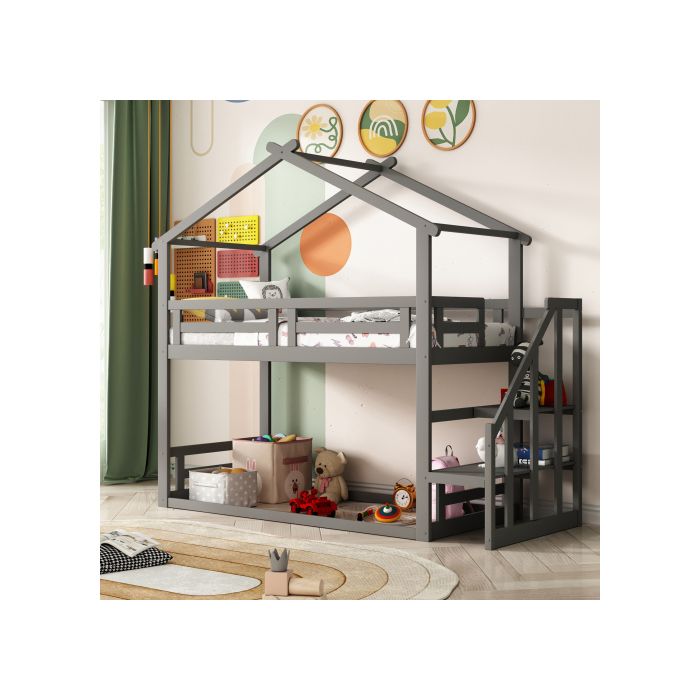 Lit enfant 90x200 cm, lit superposé bas avec escalier en bois avec ...