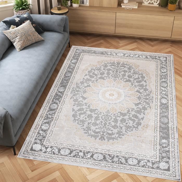 TAPISO Tapis de Salon Chambre HERA Gris Crème Beige Design Rosace ...