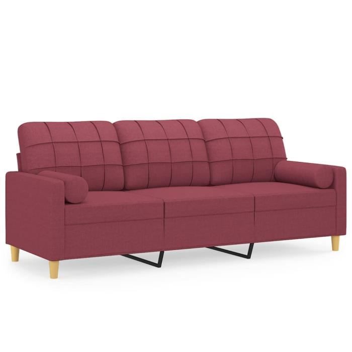 Canapé 3 places avec oreillers décoratifs bordeaux 180 cm tissu HAO ...