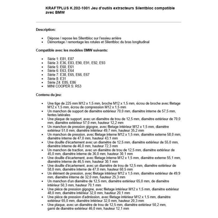 KRAFTPLUS K.202-1001 Jeu d'outils Extracteur Montage Démontage ... KRAFTPLUS K.202-1001 Jeu d'outils Extracteur Montage Démontage ...