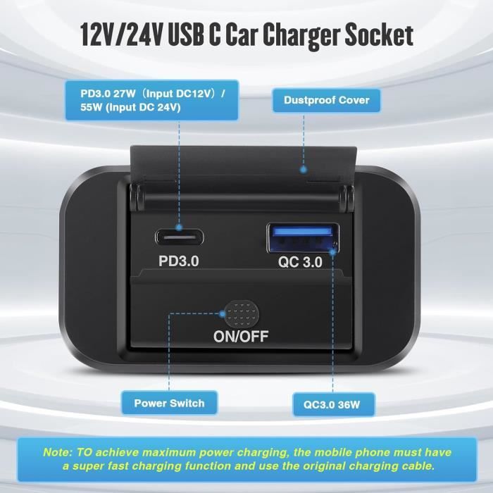 12V Prise De Chargeur Usb De Voiture 55W Pd Type C Et 36W Qc3.0 Usb ...