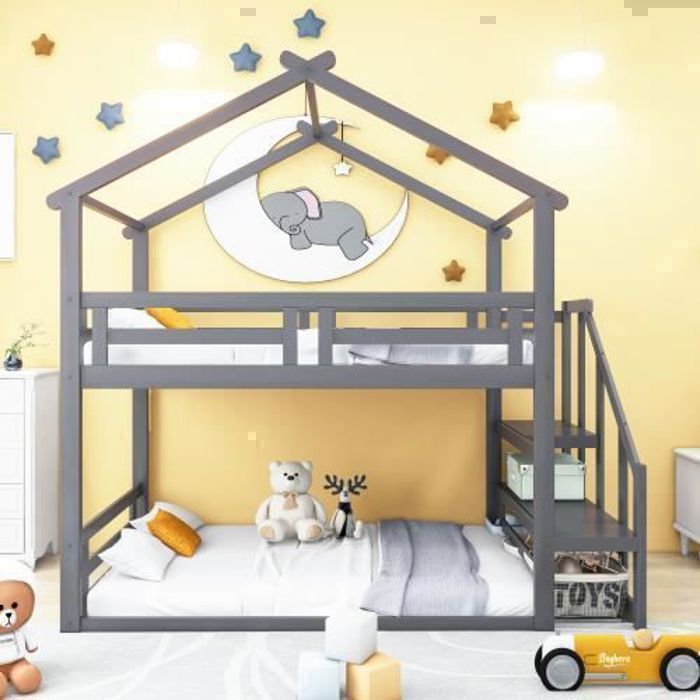 Lit enfant 90x200 cm, lit superposé bas avec escalier en bois avec ...