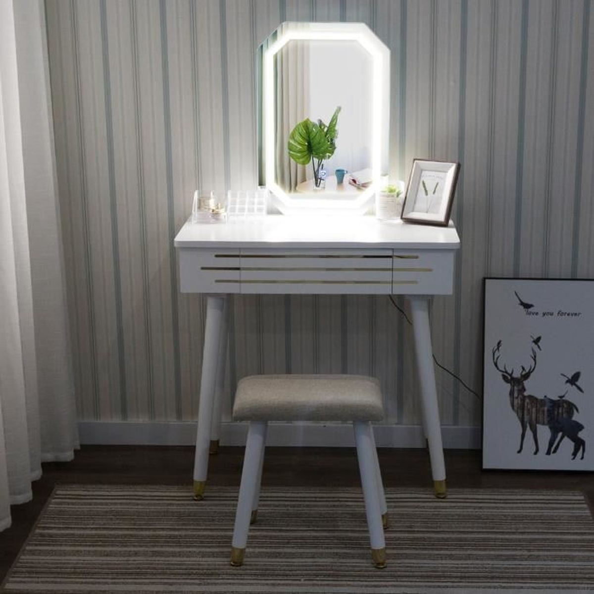 Coiffeuse LED Lumière Dimmable Table de Maquillage avec Miroir et ...