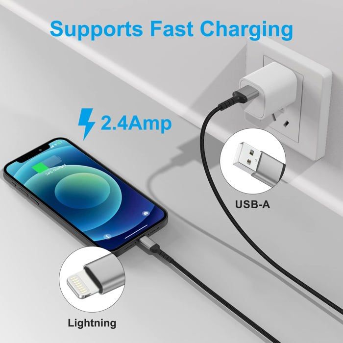 Câble Lightning 2M Cable USB iPhone Charger USB A vers Lightning Cord ...
