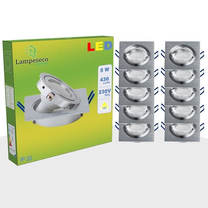 Lot De 10 Spots Led Encastrables Orientables Carrés 5w équivalent 50w