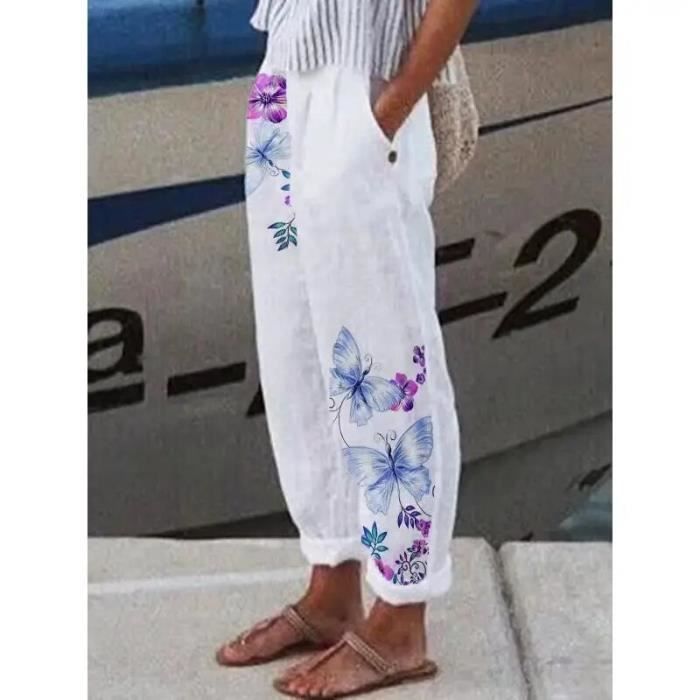 Pantalon Femme - EA07132 - Coton et Lin - Streetwear Décontracté - Jambes Larges - Vintage Blanc ...