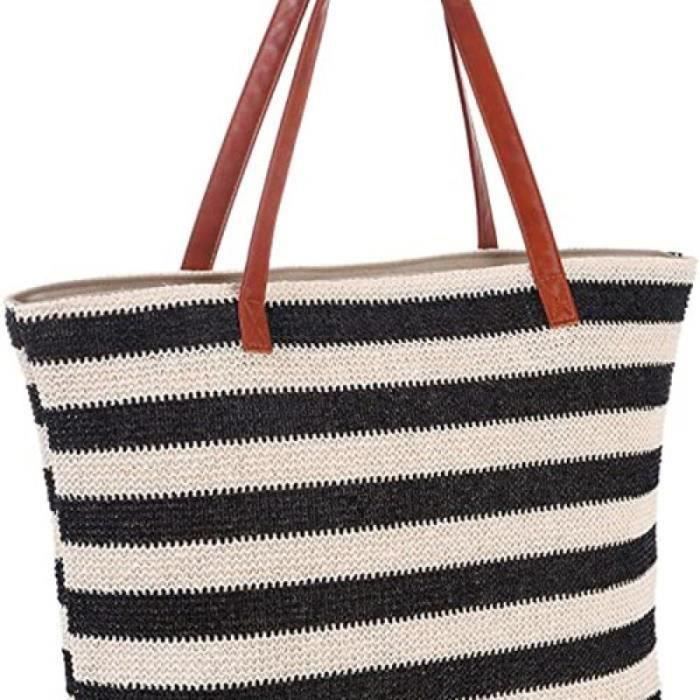 RA14308-E6482 Grande Sac de Plage en Paille Femme Homme Cabas Panier en ...