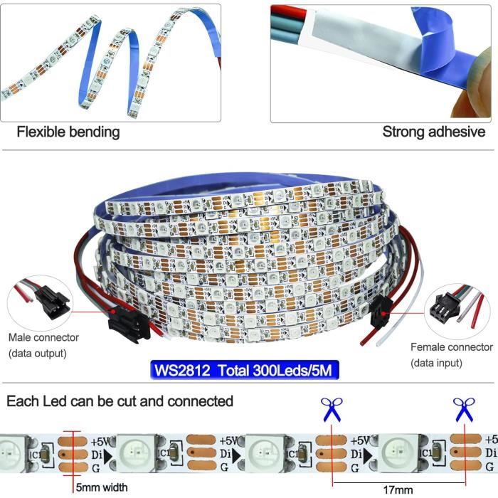 Ws2812B Ruban Led 5V, 5Mm De Large Ultra Fin Rgb Bande De Pixels Led 5M 5050 300 Leds Ip30 Pcb ...