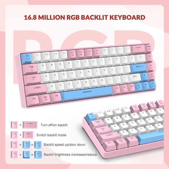 T8 Clavier de Jeu 60%,Mini Clavier Mécanique Filaire Compact 68 Touches ...