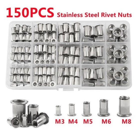 ECROU,--Kit de rivets filetés à tête plate en acier inoxydable, 150 ...