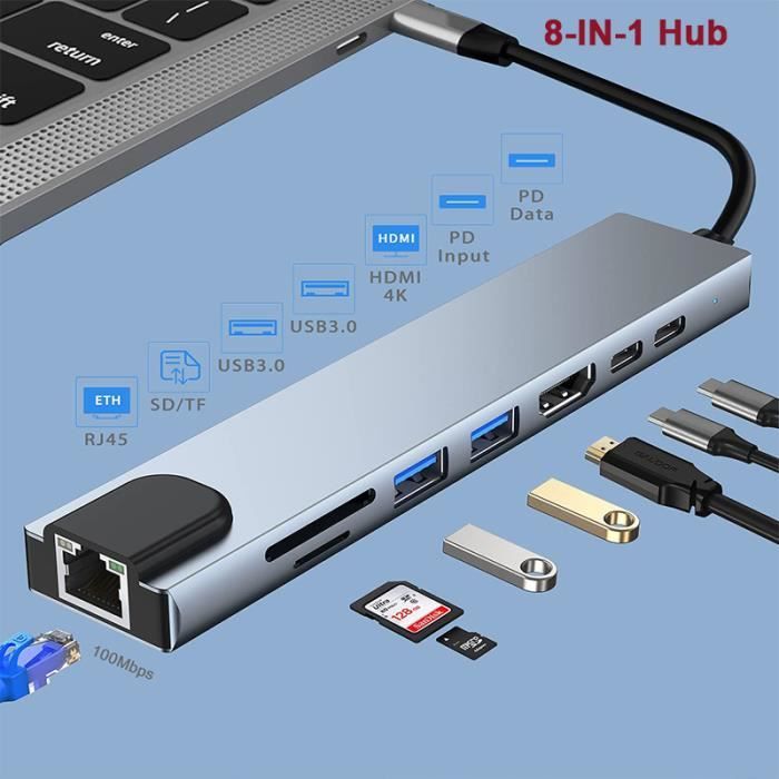 Modèle RJ45 8 EN 1 - Hub 10 en 1, USB C vers HDMI, VGA, PD, Thunderbolt ...