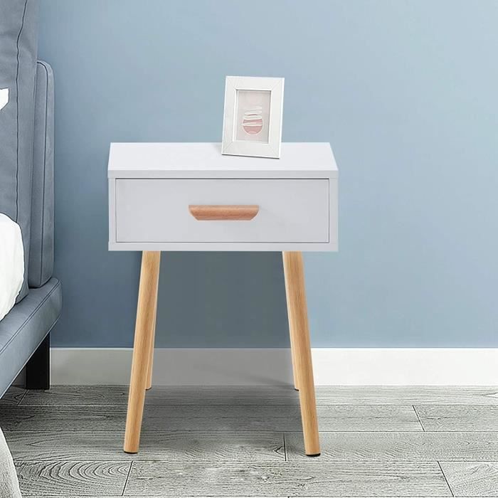 Table de chevet 1 tiroir avec pieds en bois - Blanc - Table de chevet multifonction pour chambre ...