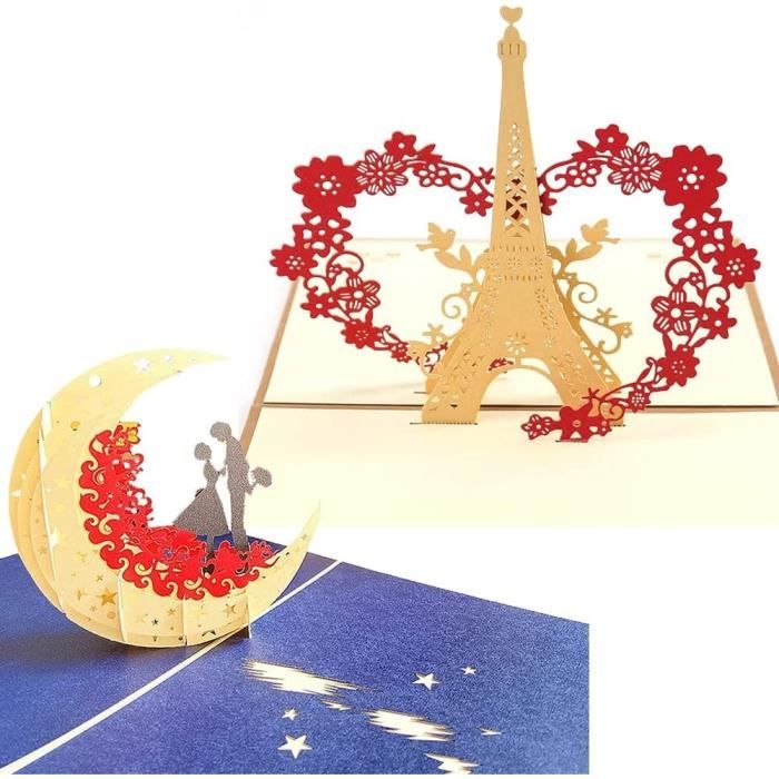 2 Pièces 3D Carte de Saint Valentin,3D Tour Eiffel Pop Up Amour Carte ...