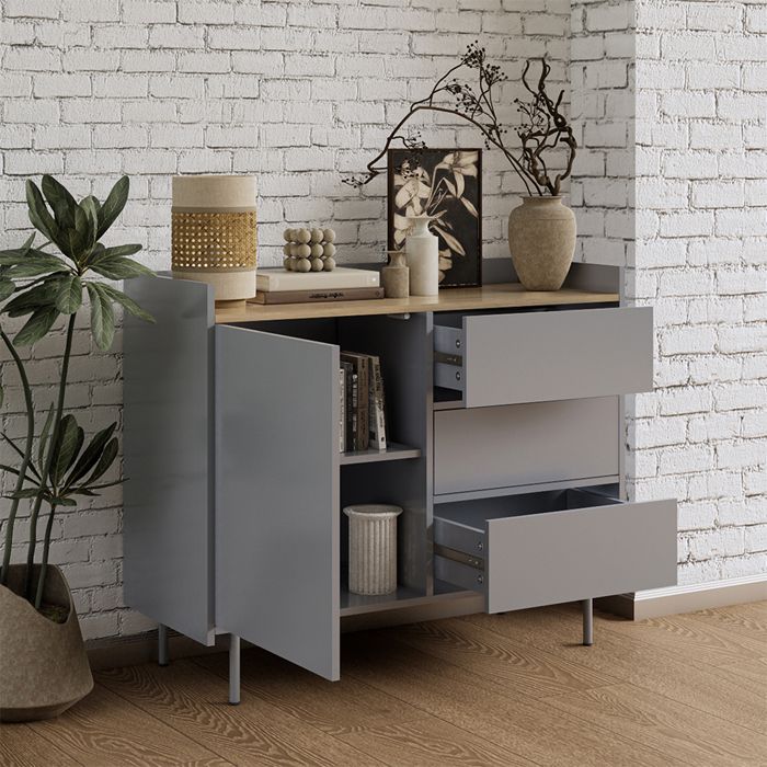 Commode avec tiroirs Velina, 100x82cm avec 3 tiroirs et 1 porte, gris ...