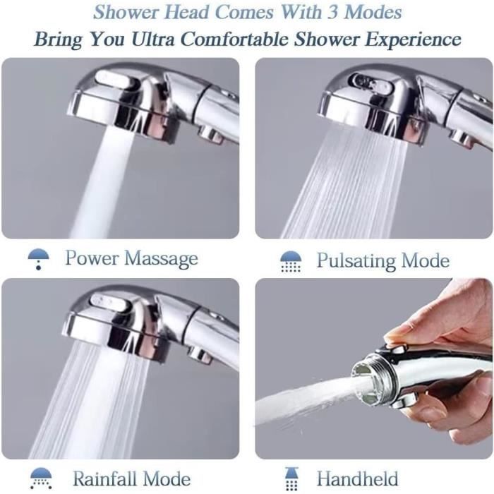 Pommeau De Douche Haute Pression Avec Filtre, Douchette Avec 3 Types De Jets, Bouton D'Arrêt D ...