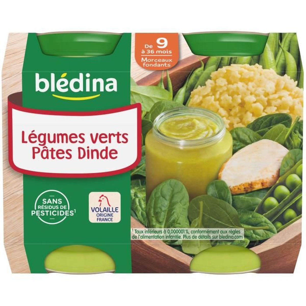 BLEDINA Petits pots Légumes verts pâtes et dinde - 2x200 g - Dès 9 mois ...