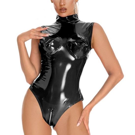 Inhzoy Femme Body Cuir Catsuit Ouvert Zip Sexy Combinaison Sein Nu