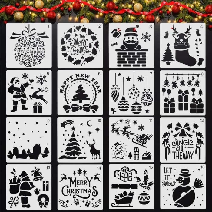 CODIRATO 16 PCS Pochoir de Noël en Plastique Dessin Au Pochoir Peinture Noël Pochoir de Dessin ...