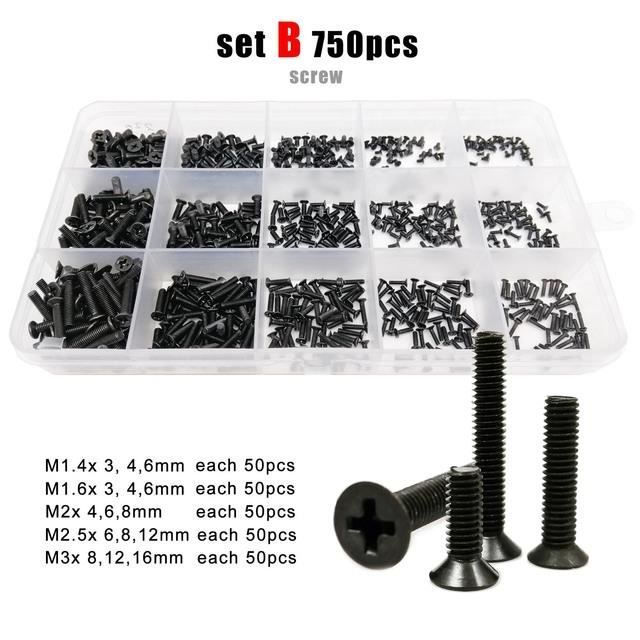 VIS,set B 750pcs--Kit D'assortiment De Mini Vis Phillips À Tête Fraisée, Noir, 500-750-1500 ...