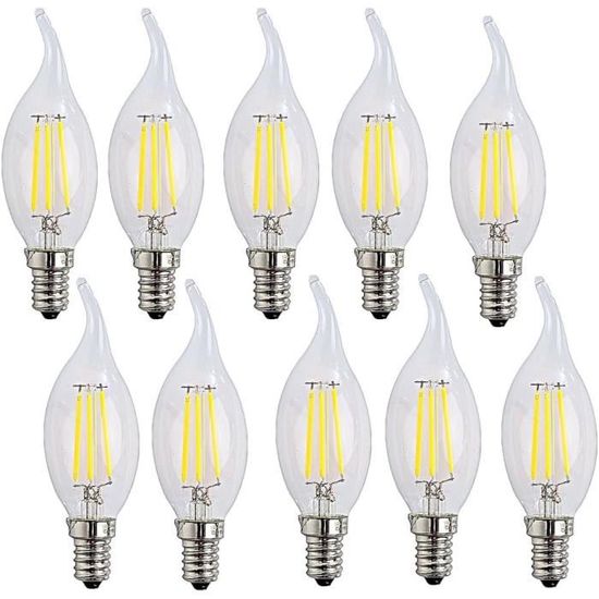 Lot De 10 E14 Ampoule Bougie Led Filament 4W, 400Lm, Ac 220-240V Blanc Froid 6500K,Flame Tip ...