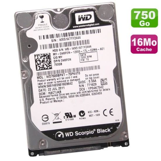 Disque Dur 750Go SATA 2.5" WD Scorpio Black WD7500BPKT-75PK4T0 0W6FN ...