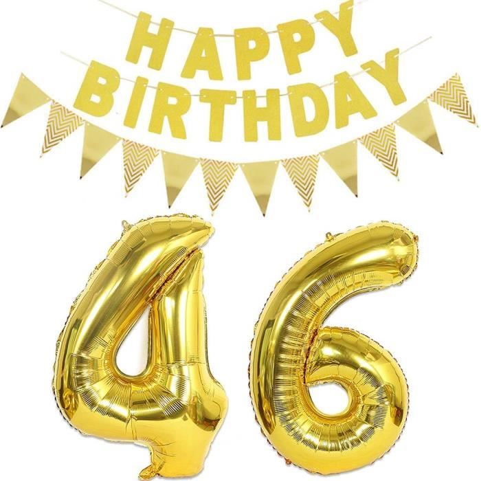 Ballons En Forme De Chiffre 46 Or + Guirlande Happy Birthday + Bannière ...
