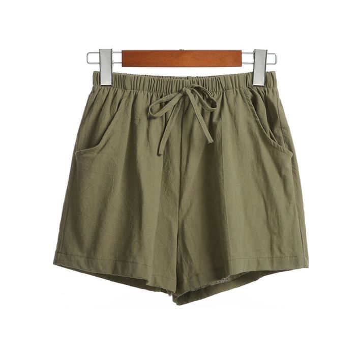 Short en lin à taille haute pour femmes - Olive - en coton - B1481 ...