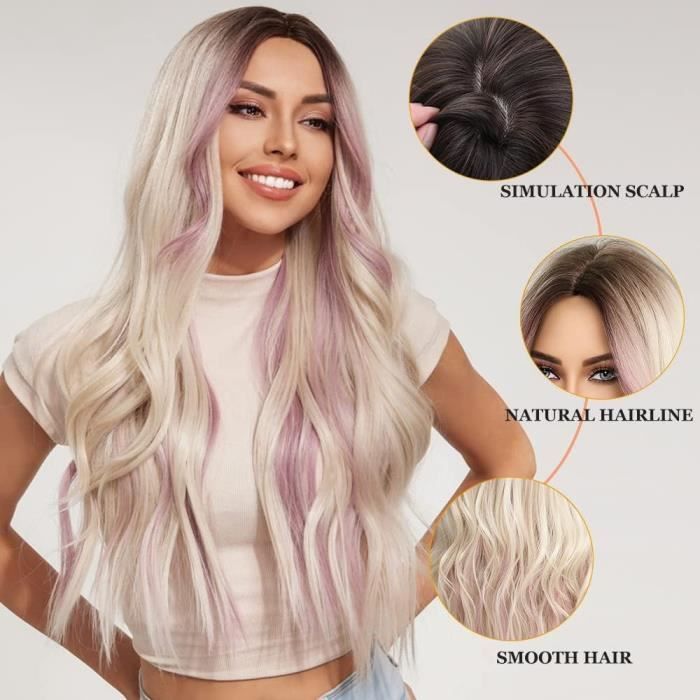 Longues Perruques Ondulées Blondes Avec Reflets Roses Pour Femmes ...