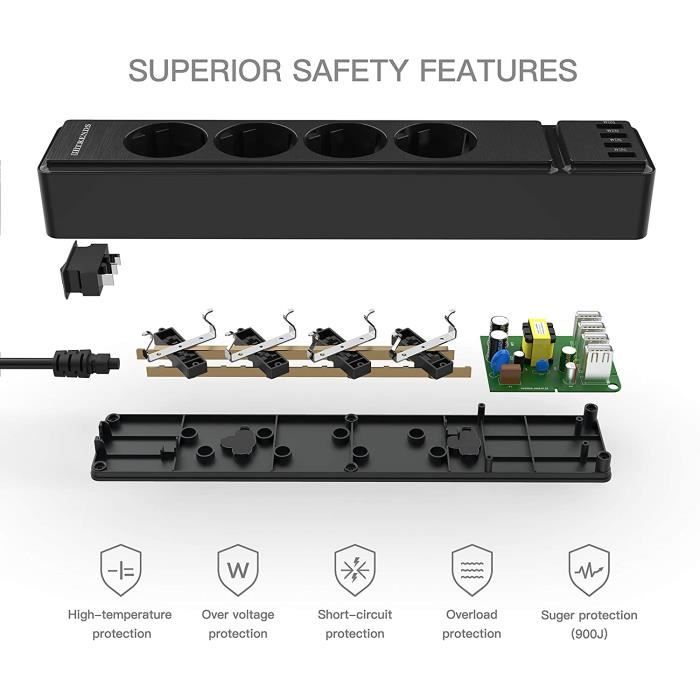Multiprise electrique parasurtenseur parafoudre avec 4 prises et 4 ...