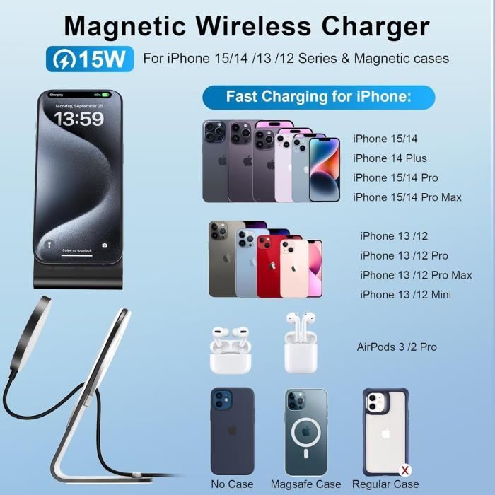 Mag Safe Chargeur Magnétique Sans Fil Avec Support, 15 W, Compatible ...